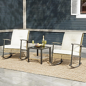 SDMY 3 Pieces Patio Rocking Bistro Set, Patio Rocking Chairs Set of 2, Rattan Patio Chairs and 2-Tier Coffee Table, Outdoor Conversation Sets for Balcony, Porch, Bistro,Lawn, Garden, Backyard, Beige