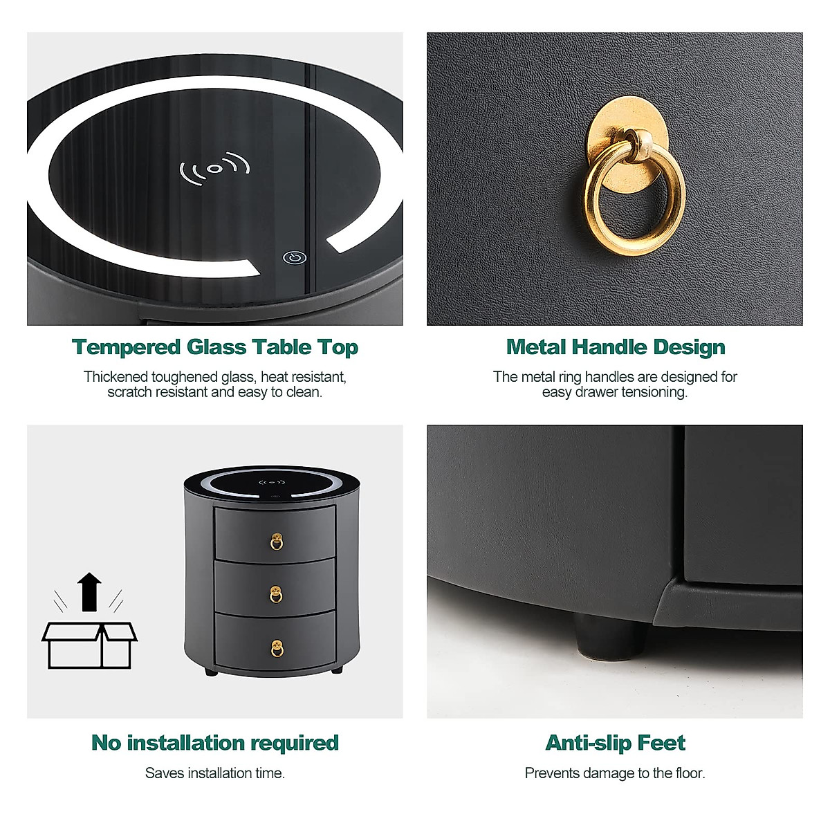 CLIPOP Modern Nightstand with 3 Drawers, Smart Nightstands with Wireless Charging Station, Adjustable Led Light, Faux Leather Surface Bedside Table No Assembly, Dark Grey