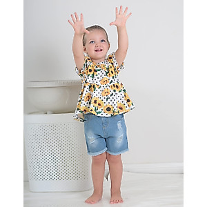 XUANHAO 2T 3T Girl Clothes Toddler Clothes For Girls Summer Outfits Short Sleeve Ruffle Floral Sunflower Top Ripped Denim Short Jeans Toddler Girl Clothes 2T 3T