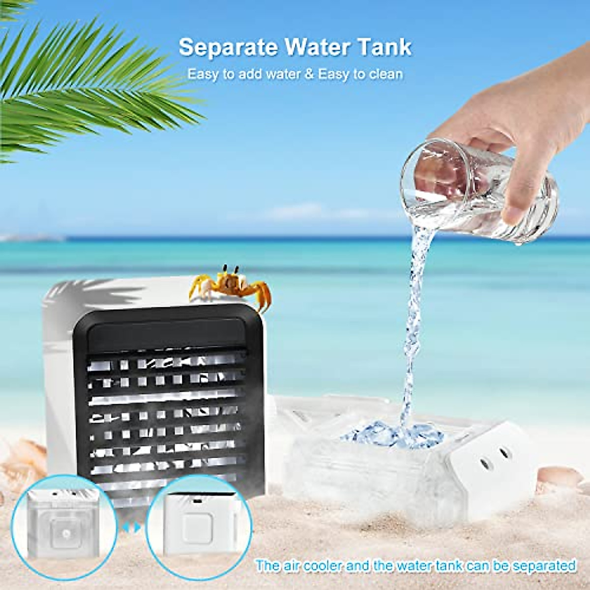 aceyoon Portable Air Conditioner Fan, Evaporative Personal Air Cooler for Small Space, Desktop Mini USB Cooling Fan Humidifier with 3 Speeds and 7 Colors LED Light for Home, Office, Dorm, Camping