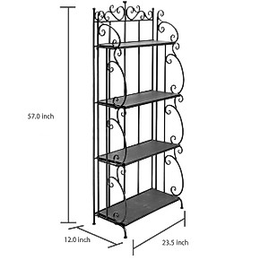 MyGift Black Metal Freestanding Shelf Rack, Decorative Bakers Rack Bookshelf Storage Shelf Unit with Metal Scrollwork Frame, Indoor Plant Pot Display Stand with 4 Wood Shelves