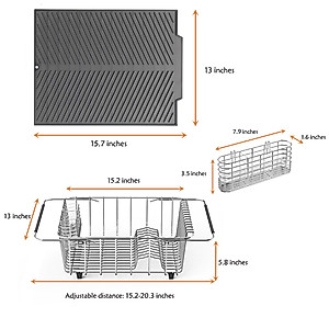 YEECOPON Dish Rack in Sink, Expandable Over The Sink Dish Drying Rack with Utensil Holder and Silicone Drainage pad (Large + 16" Silicone pad)