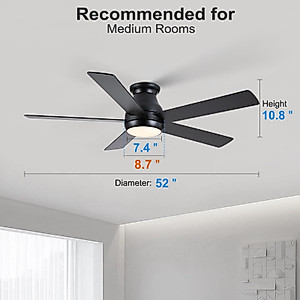 POCHFAN 52 Inch Black Ceiling Fans with Lights and Remote, LED Low Profile Flush Mount Ceiling Fan for Bedroom, Living Room, with Quiet DC Motor, Dimmable 6 Speeds