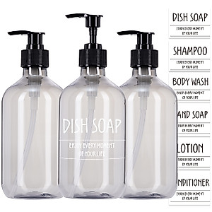 Plastic Refillable Shampoo Conditioner & Body Wash Pump Bottle Dispensers with Plastic Pumps, 16oz 3-Pack Shower Bottles with 6 Waterproof Label Stickers, Reusable Hand Soap Dish Soap Containers