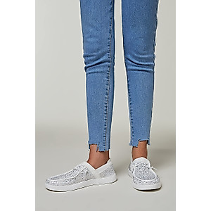 BELOS Women's Rhinestone Lace Up Loafers Shoes Comfortable Slip On Mesh Knit Walking Shoes Fashion Lightweight Sparkly Glitter Sneaker(White,8.5