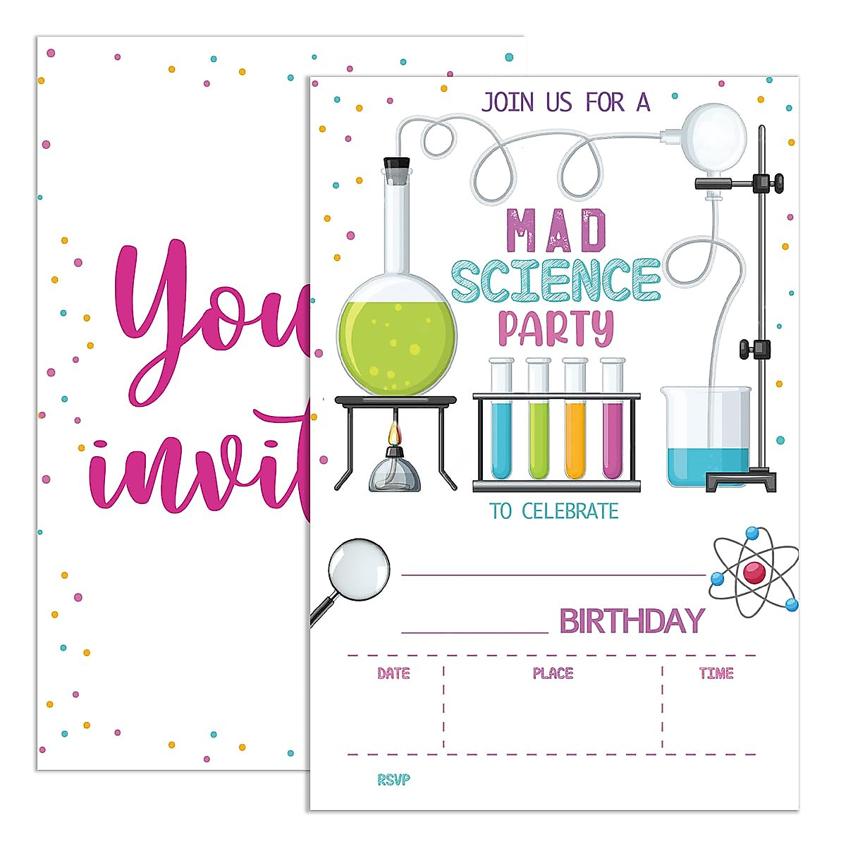 UDNADKEX Mad Science Birthday Invitations Girl with Envelopes, Invites for Girls Birthday Party Science, Science Birthday Party Invitations Cards, 4"x6" Set of 20, Mad Science Party