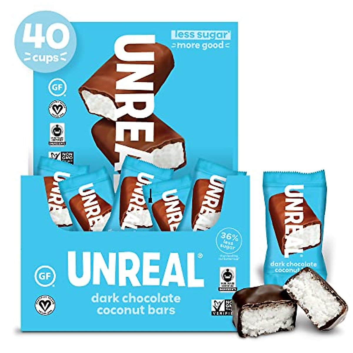 UNREAL Dark Chocolate Coconut Bars (40 Mini Bars) | Vegan, 3g Sugar, & 3 Simple Ingredients | Non-GMO, Gluten Free, & Fair Trade | .53oz each