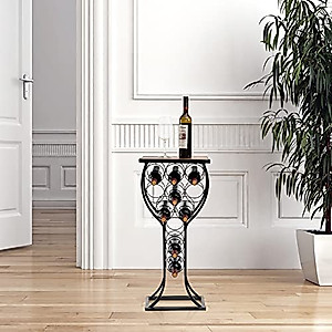 ALIMORDEN 11 Bottles Wine Rack Console Table,Wine Rack Freestanding Floor, Wine Glass Storage Organizer Shape Display Rack for Small Spaces Marble Veneer Top Brown