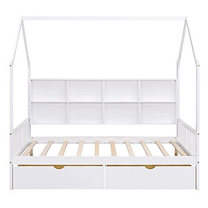 Harper & Bright Designs Full Size House Bed with Storage Drawers & Shelves, Montessori Bed Full Platform Bed Frame with Roof, Tent Bed, Solid Wood Playhouse Bed for Kids Teens Girls Boys (White)