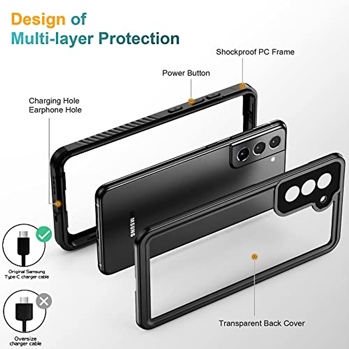 Temdan Samsung Galaxy S21 FE Waterproof Case, Slim Fit, Heavy Duty Protection, 6.4-inch Screen Protector - Black