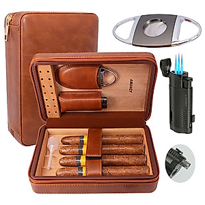 AMANCY Elegant Handmade Brown Leather Cedar Wood Lined 4 Cigar Humidor Case with 3 Triple Jet Flame Cigar Lighter and Cutter，Suitable for Holding Big and Fat Cigars
