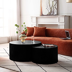 JURMALYN Black Round Coffee Table Set of 2, Modern Drum Coffee Tables with Moon Side Tables Set Wooden Nesting Coffee Table with Fluted for Living Room Apartment Mall (Matte-Black)