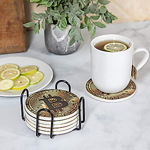 Bridgemore Physical Bitcoin Coasters for Drinks - Set of 6 Ceramic Bitcoin Coin Coasters for Drinks Absorbent with Holder - Great Bitcoin Gift Idea or House Warming Presents for New Home