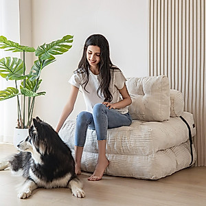 MAXYOYO Folding Sofa Bed, Convertible Sleeper Chair with Pillow Foldable Mattress with Back Support, Portable Fold Out Chair Bed Comfy Floor Sofa Lounge for Living Room Bedroom, Beige, Single