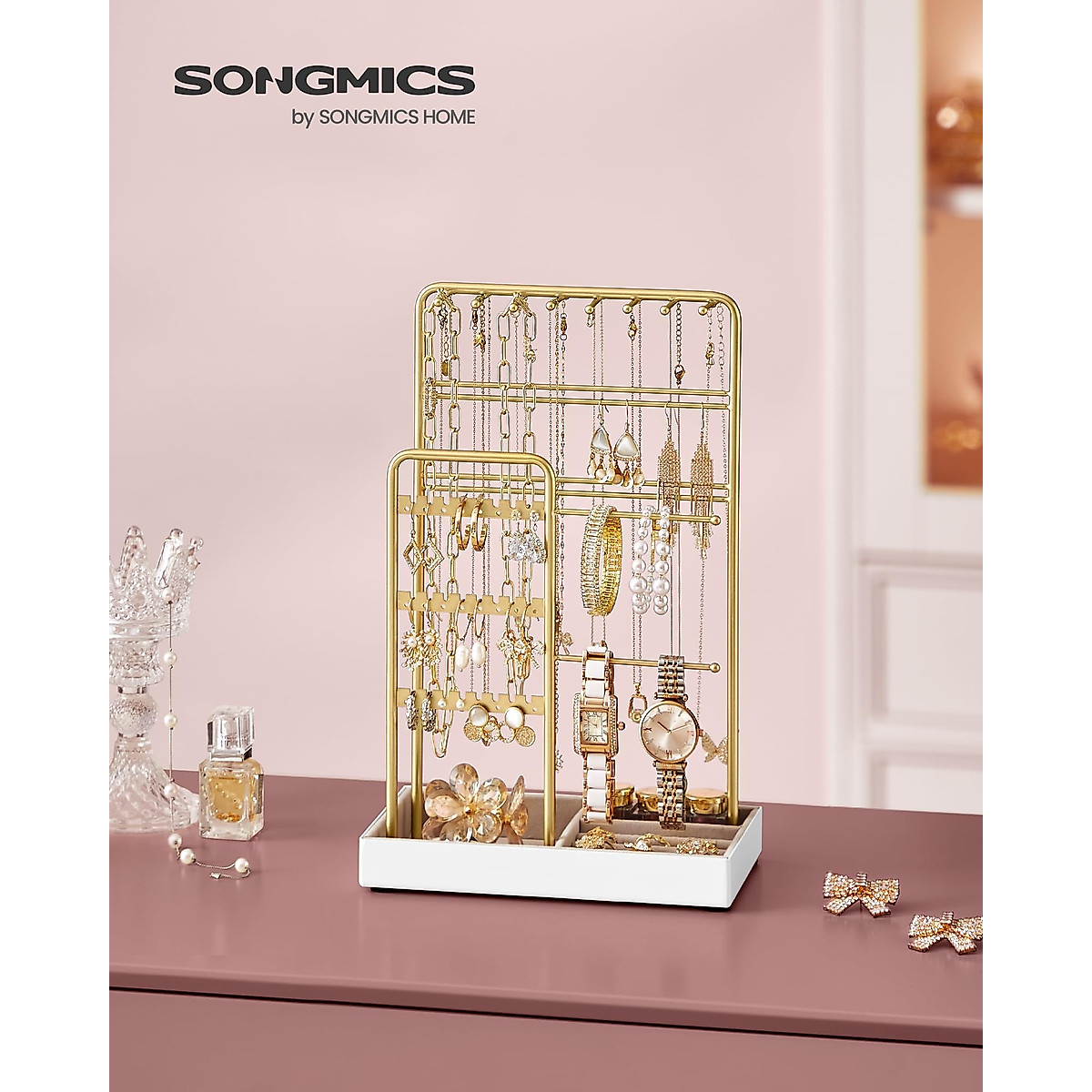SONGMICS Jewelry Holder, Jewelry Organizer, Mother's Day Gifts, Jewelry Display Stand with Metal Frame and Velvet Tray, Necklace Earring Bracelet Holder, for Studs, Rings, Gold Color UJJS021A01
