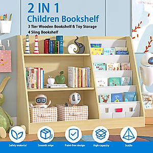 Arbuxzuy Kids Bookshelf and Toy Storage, 3 Tier Wooden Kids Bookcase with Storage, Floor-to-Ceiling Baby Book Organizer with Sling, Children Book Rack for Playroom, Classroom, Nursery, Natural
