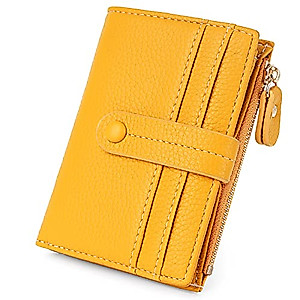 HKCLUF Small Wallet for Women,Genuine Leather Minimalist Bifold Wallets Ladies Credit Card Holder Coin Purse Mini Wallet With ID Window (Yellow)