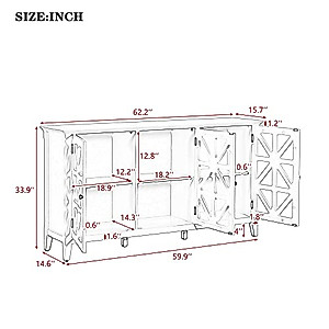 NCKMYB Large Accent Cabinet Sideboard with 3 Transparent Doors, 62'' Buffet Table Storage Cabinet, Coffee Bar Cabinet Cupboard for Kitchen, Living Room, Entryway (Turquoise)