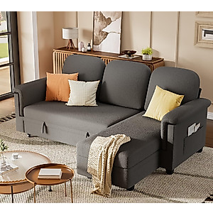 YESHOMY L-Shaped Sofa Bed Convertible Sectional,Pull Out Couches,3 Comfortable Seats with Storage Space,for Living Room,Cotton Grey