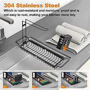 Sponge Holder for Kitchen Sink Telescopic Sink Storage Rack, Expandable for Sponge Brush Soap Dish Cloth Rag 16.7" to 21.3"(201 Stainless Steel) (201Black)