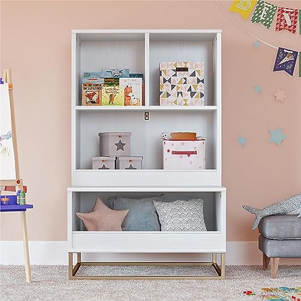 Little Seeds Charlie Kids Multi-Use Toy Storage Organizer & Bookcase, White with Golden Bronze