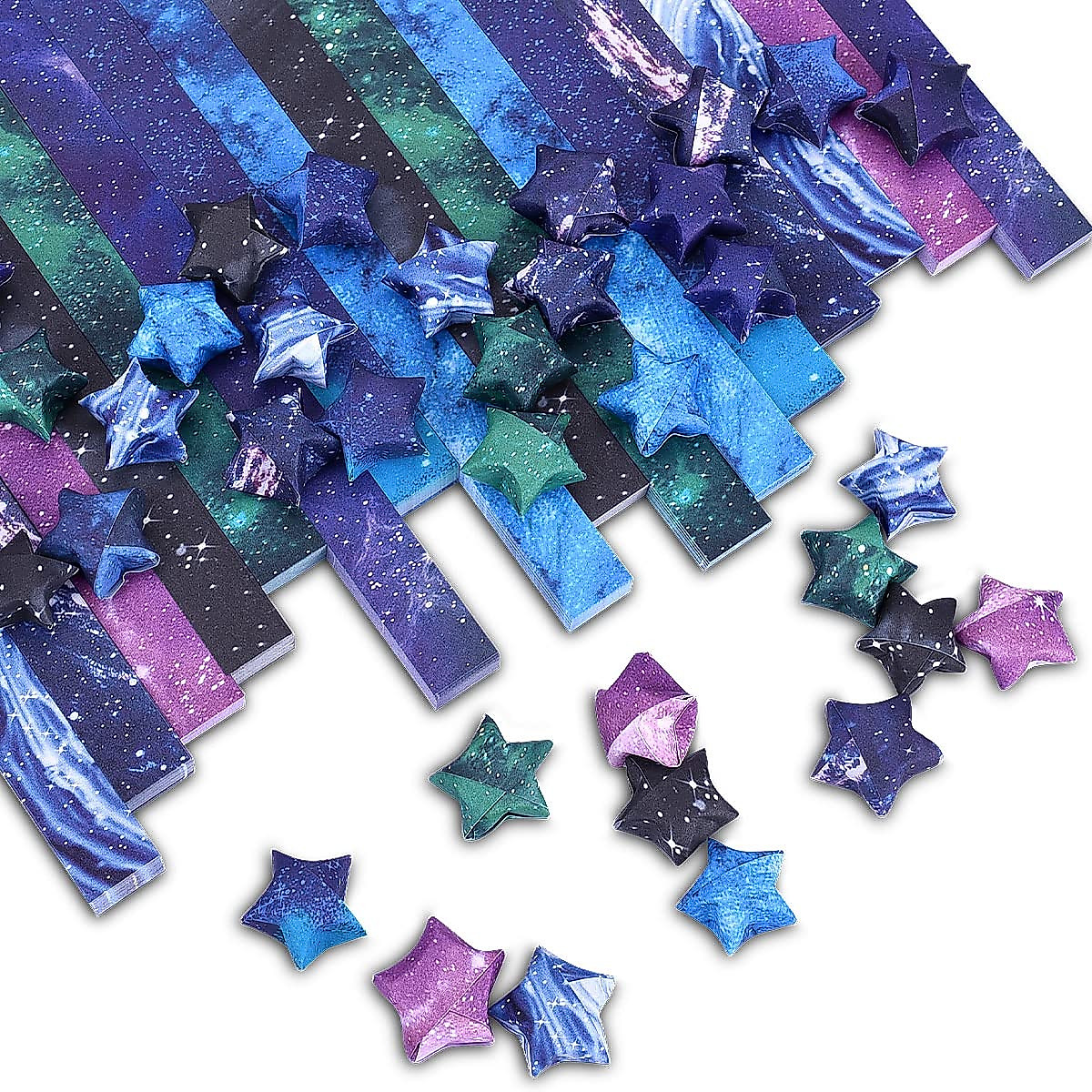 PAPERKIDDO 800 Sheets Origami Stars Paper 8 Different Designs of Beautiful Outer Space Sky for Paper Arts Crafts Kids Luminous Starry Sky Grown-ups School Teachers Folding Origami Star Paper Strips