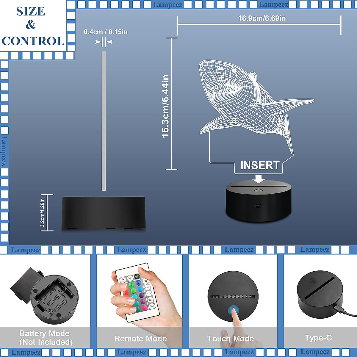 Lampeez Ocean Sea Animals 3D Lamp Kits,Dolphin, Marlin,Shark,Whale 3D Night Light for Kids (4 Patterns) with Remote Control & 16 Colors Changing & Dimmable Function & Xmas Birthday Gifts for Boy Girl