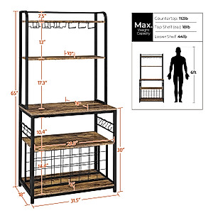 Yaheetech Wine Bakers Rack, 32-Bottle Wine Rack Freestanding Floor with Glass Holder & 6 Hooks, Industrial Coffee Bar Wine Rack Table Wine Bar Cabinet for Kitchen, Dining Room, Rustic Brown
