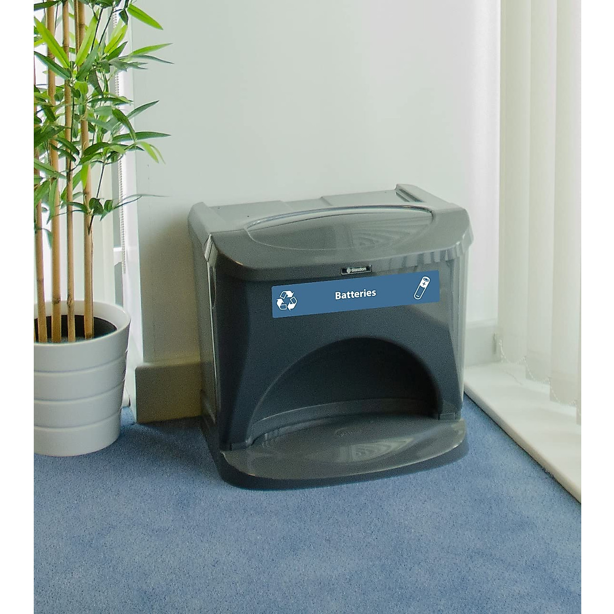 Glasdon Nexus Stack 8G Battery Recycling Bin (Dark Gray, Blue Battery Recycling Decals) – Compact 8-Gallon Stackable Battery Recycle Containers – 1 x 8-Gallon Multi-Waste Battery Bin