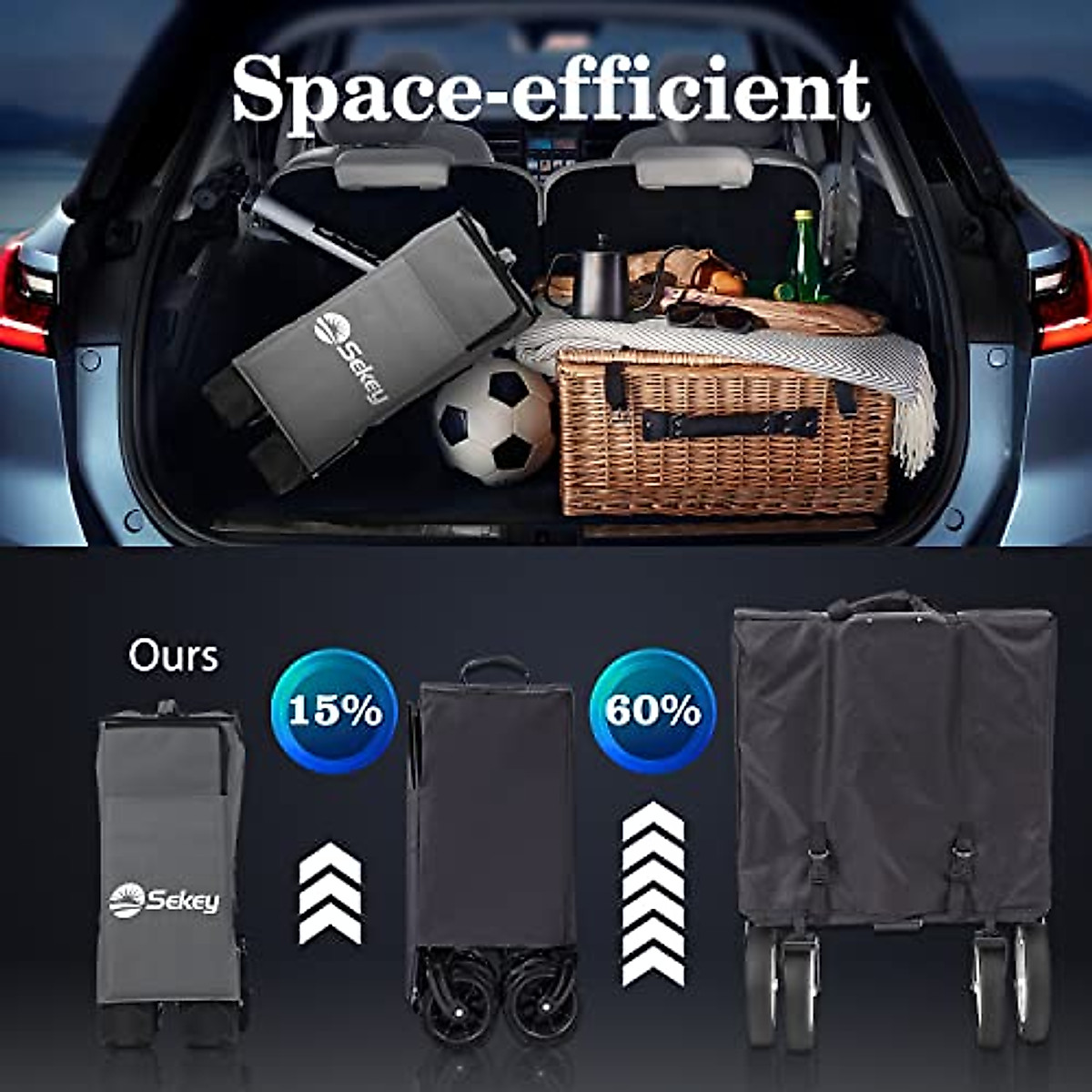 Sekey 220L Collapsible Foldable Wagon with 330lbs Weight Capacity, Heavy Duty Folding Utility Garden Cart with Big All-Terrain Beach Wheels & Drink Holders. Grey