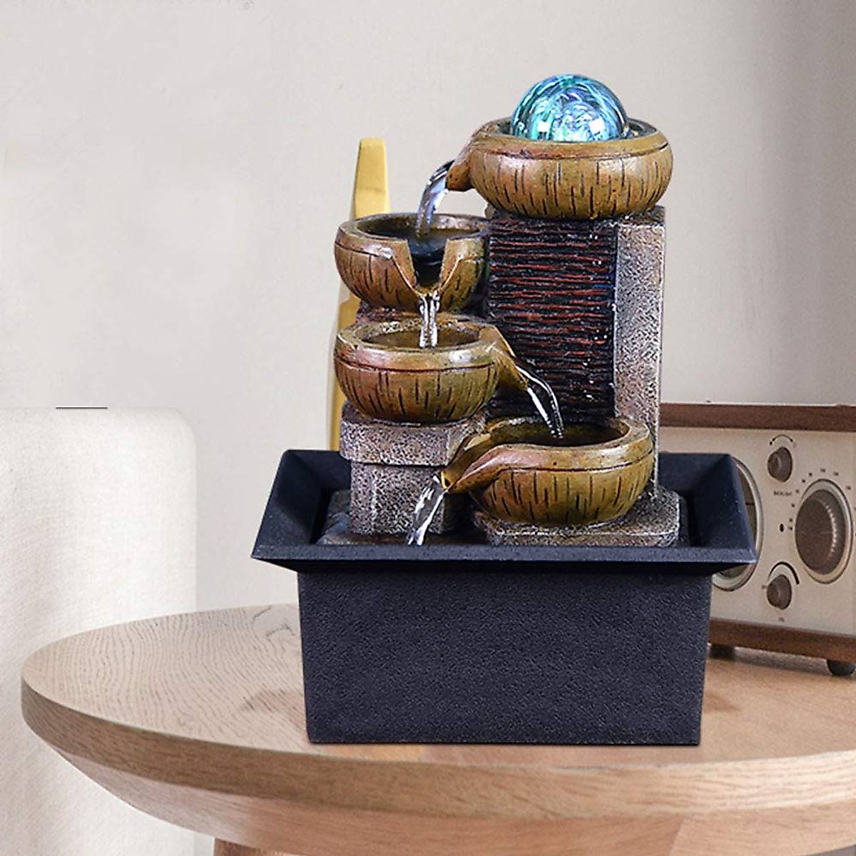 EKDJKK Meditation Tabletop Fountain, Tabletop Waterfall Garden Relaxation Fountain Indoor with LED Light, Mini Tabletop Pool Leisure Fountai Home Decor Gift for Indoor Office Bedroom Relaxation