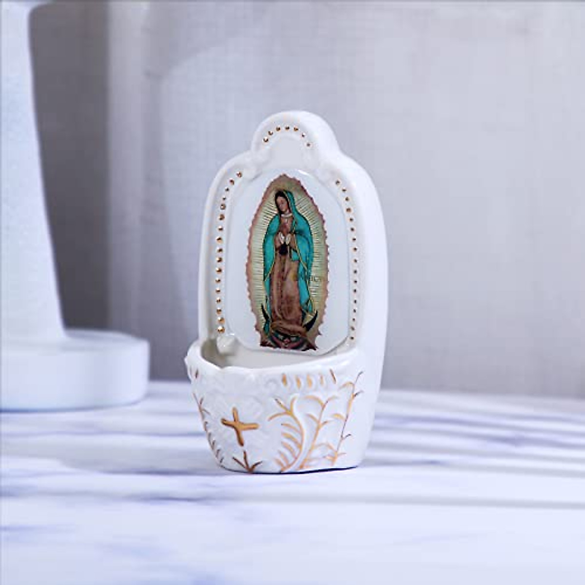 Porcelain Catholic Holy Water Font Our Lady of Guadalupe Holy Water Font for Entrance of Home Church Wall Hanging Decor Great Gift for First Communion, Confirmation, or New Home