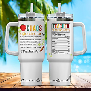 9SUNFLOWER Life Chaos Coordinator Teacher Nutrition Facts Insulated Cup, 40 Oz Tumbler With Handle, Lid and Straw
