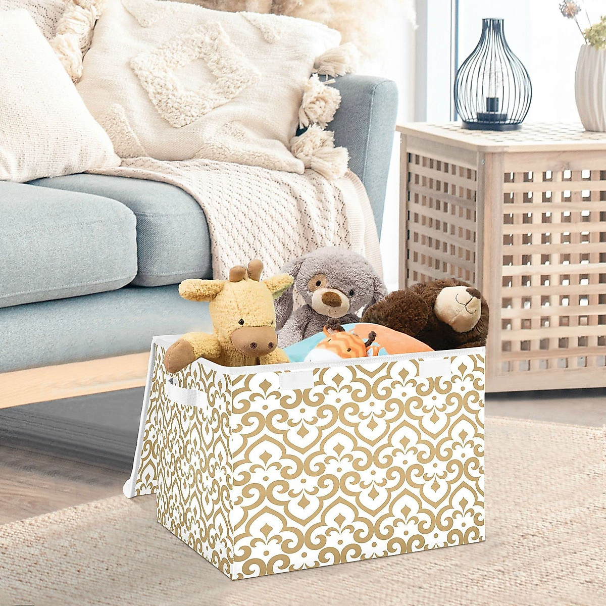 White Golden Floral Storage Basket Storage Bin Box with Lids and Handle Large Collapsible Storage Cube Box for Shelves Bedroom Closet Office 16.5x12.6x11.8 In