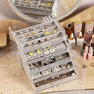 Cq acrylic Jewelry Organizer With 5 Drawers Clear Acrylic Jewelry Box Gift for Women Mens kids and Little girl Stackable Velvet Earring Display Holder for Earrings Ring Bracelet Necklace Holder,Grey