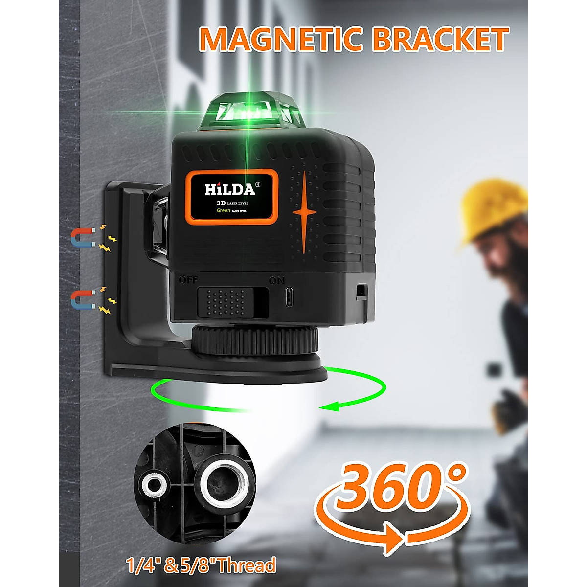 HILDA 4x360°Laser Level 16 Lines Green Line Laser Self Leveling with Alarm, 2x360° Vertical and 2x360°Horizontal laser level, Rechargeable Li-ion battery, for Indoor and Outdoor Construction (AM04)