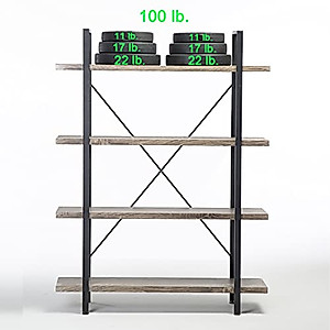 HSH 4-Shelf Vintage Industrial Bookshelf, Rustic Gray Wood and Metal 4 Tier Bookcase, Open Wide Etagere Book Shelf for Home Office Livingroom Bedroom Dispaly, Light Grey Oak