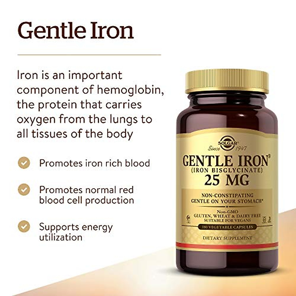 Solgar - Gentle Iron 25 mg Vegetable Capsules 180 Count 2 Pack Easy on Stomach, Promote Red Blood Cell Production.