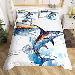 Marlin Swordfish Comforter Cover Tie Dye Duvet Cover Sets Hunting And Fishing Bedding Set For Kids Boys Girls Sea Fishing Boat Marine life Nautical Quilt Cover With 2 Pillow Cases Queen Size Blue