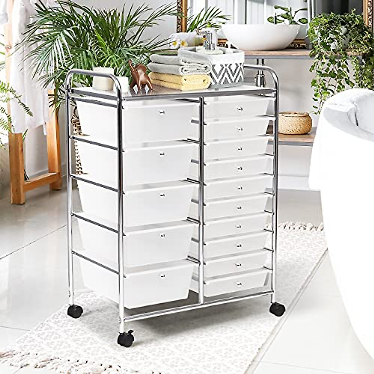 KOTEK 15-Drawer Rolling Storage Cart, Multipurpose Mobile Utility Cart with 4 Wheels, Home Office School Tools Scrapbook Paper Organizer (Clear)