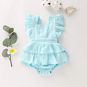 Douhoow Newborn Baby Girls Romper Ruffle Jumpsuit Bodysuit One-Piece Cotton Linen Outfits Clothes (Blue,3-6 Months)