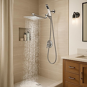 G-Promise All Metal Dual Square Shower Head Combo | 8" Rain Shower Head | Handheld Shower Wand with 71" Extra Long Flexible Hose | Smooth 3-Way Diverter | Adjustable Extension Arm - A Bathroom Upgrade
