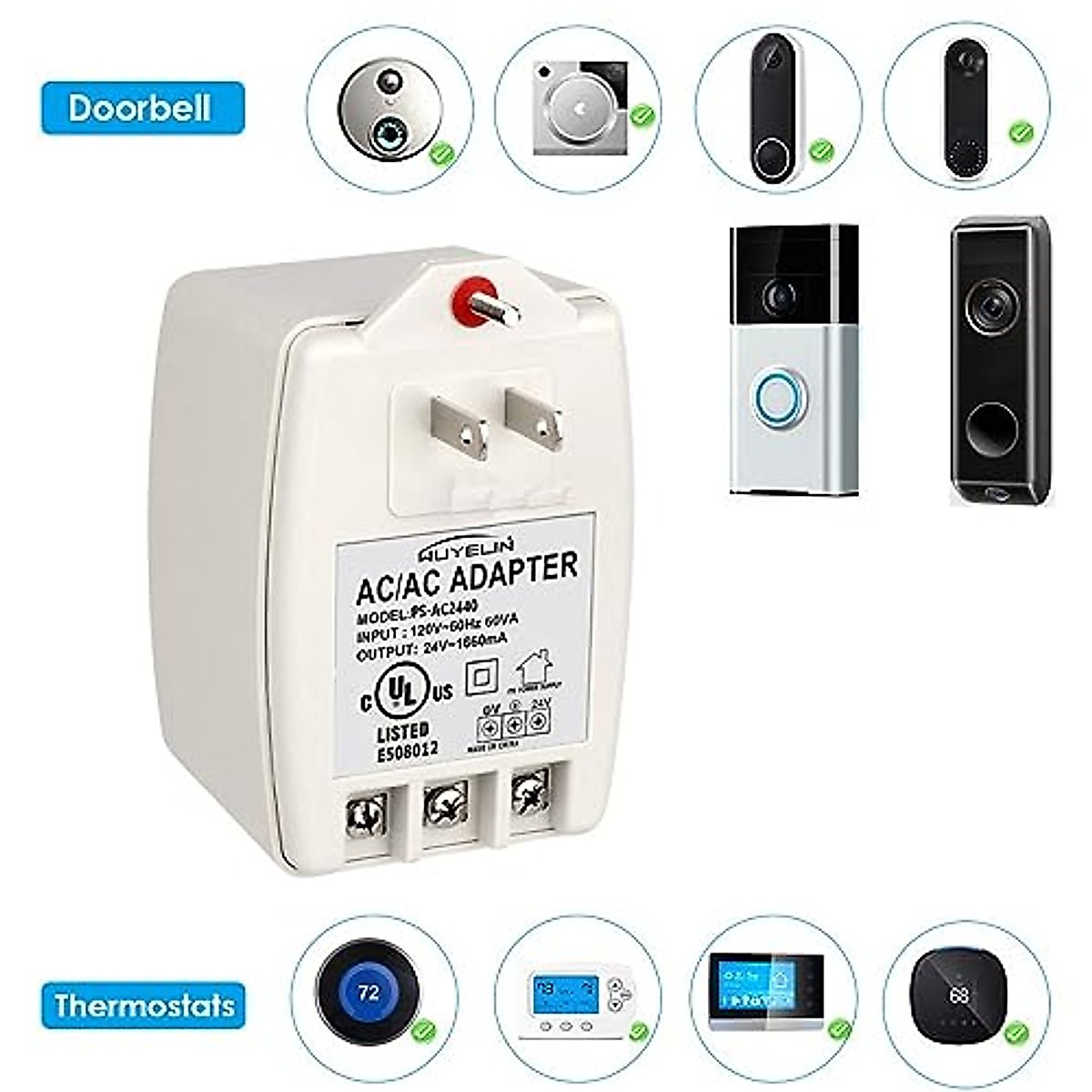 24VAC 40VA Plug in Transformer,Doorbell Transformer Compatible with All of Doorbell，Nest, Ecobee, Sensi and Honeywell Thermostat