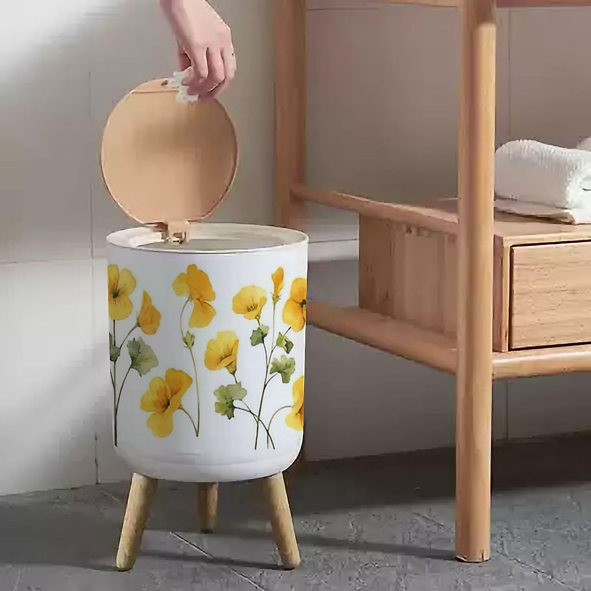Small Trash Can with Lid for Bathroom Kitchen Office Diaper Yellow flowers nature botanical decorative collection collection Bedroom Garbage Trash Bin Dog Proof Waste Basket Cute Decorative