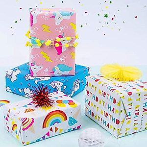 WRAPAHOLIC Birthday Wrapping Paper Roll - Unicorn Rainbow Pony Pink Blue with Cut Lines - 4 Rolls - 30 inch X 120 inch Per Roll