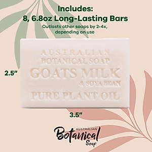 Australian Botanical Soap - Goat Milk Soap Bars w/Soya Bean - Triple Milled, Long Lasting, Natural Soap Base, Pure Plant Oil - Women & Men - All Skin Types - Bathroom Essentials - 6.8 oz, Pack of 8