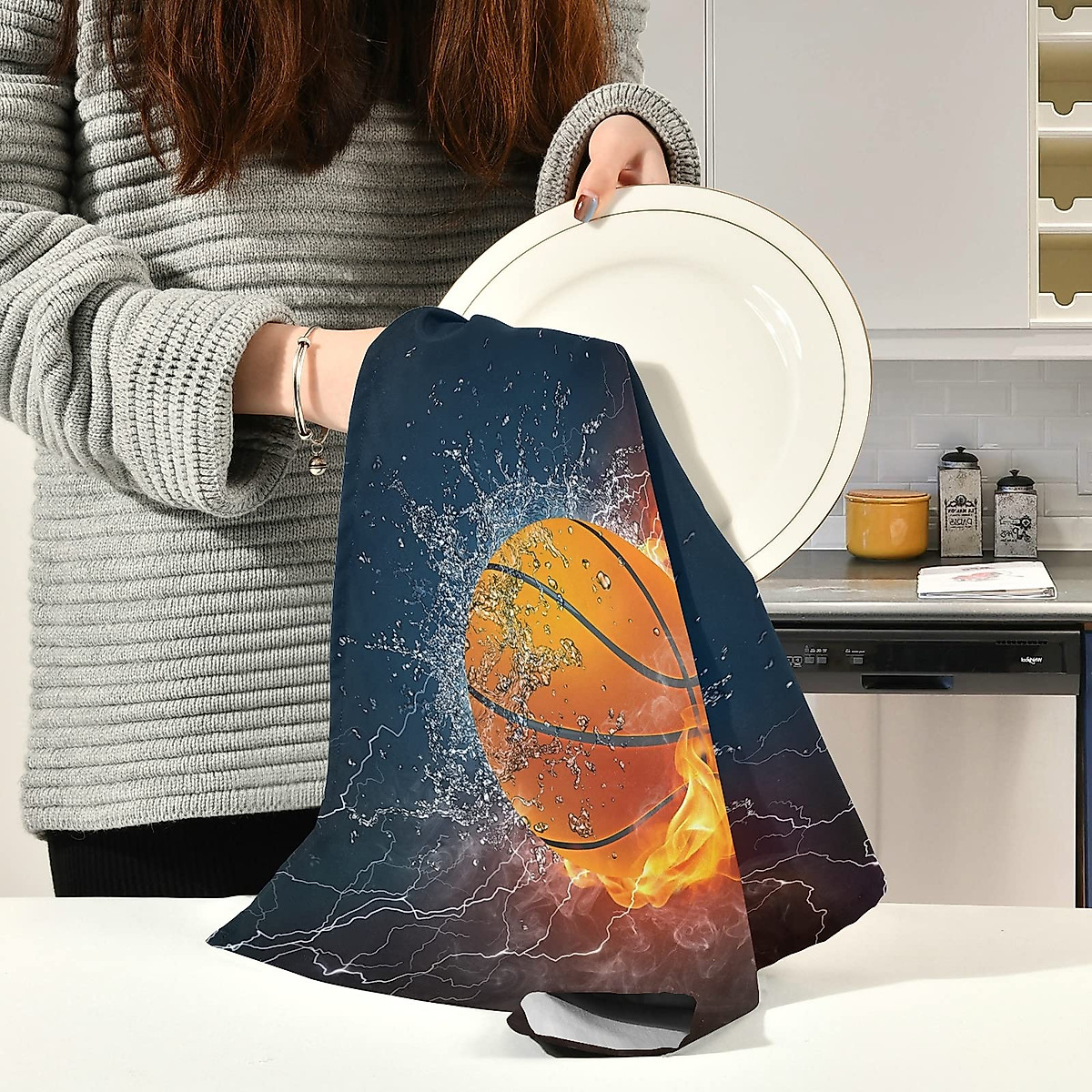 ALAZA Basketball Kitchen Towels Absorbent Dish Towels Soft Wash Clothes for Drying Dishes Cleaning Towels for Home Decorations Set of 4, 28 X 18 Inch