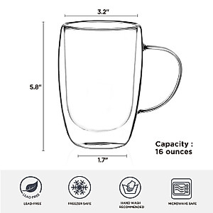 GMFINE Double Wall Glass Coffee Mugs with Handle, 16 oz Insulated Clear Espresso Cups, Cappuccino Cups, Latte Cups, Tea Cups, and Beverage Glasses, Heat Resistant, 4 Pack