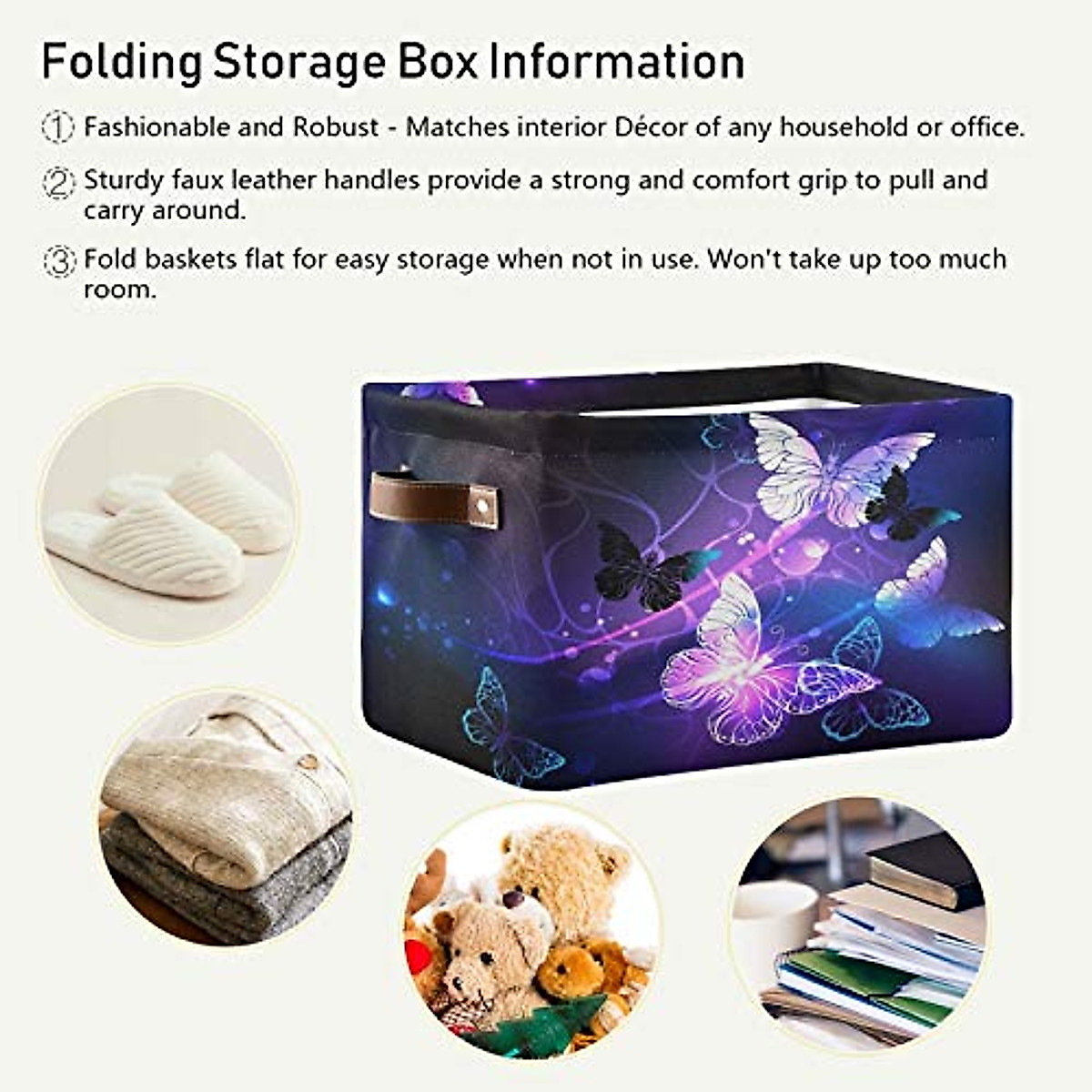 Mazeann Glowing Purple Butterflies Storage Basket Bin Collapsible Foldable for Clothes Toys Storage Cabinets Waterproof Storage Box 15 x 11 x 9.5 inches, 1PC