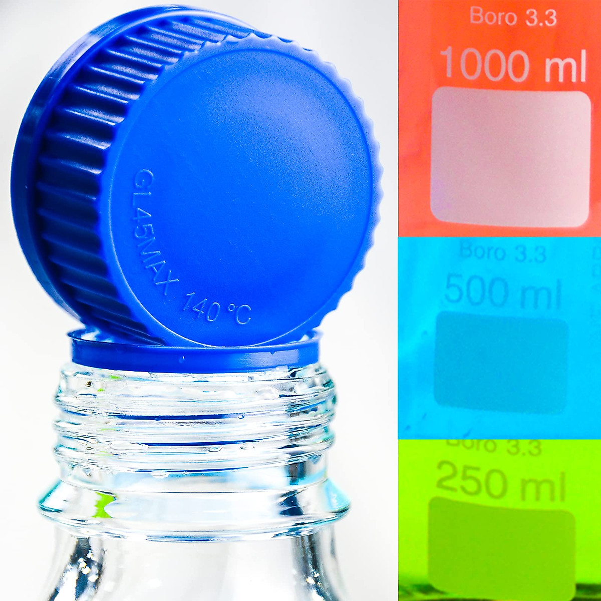 SWONES Graduated Round Reagent Media - Round Media Storage Bottle - Storage Glass Bottles, with GL45 Screw Cap,Borosilicate 3.3 Glass (250ml, 4pcs)